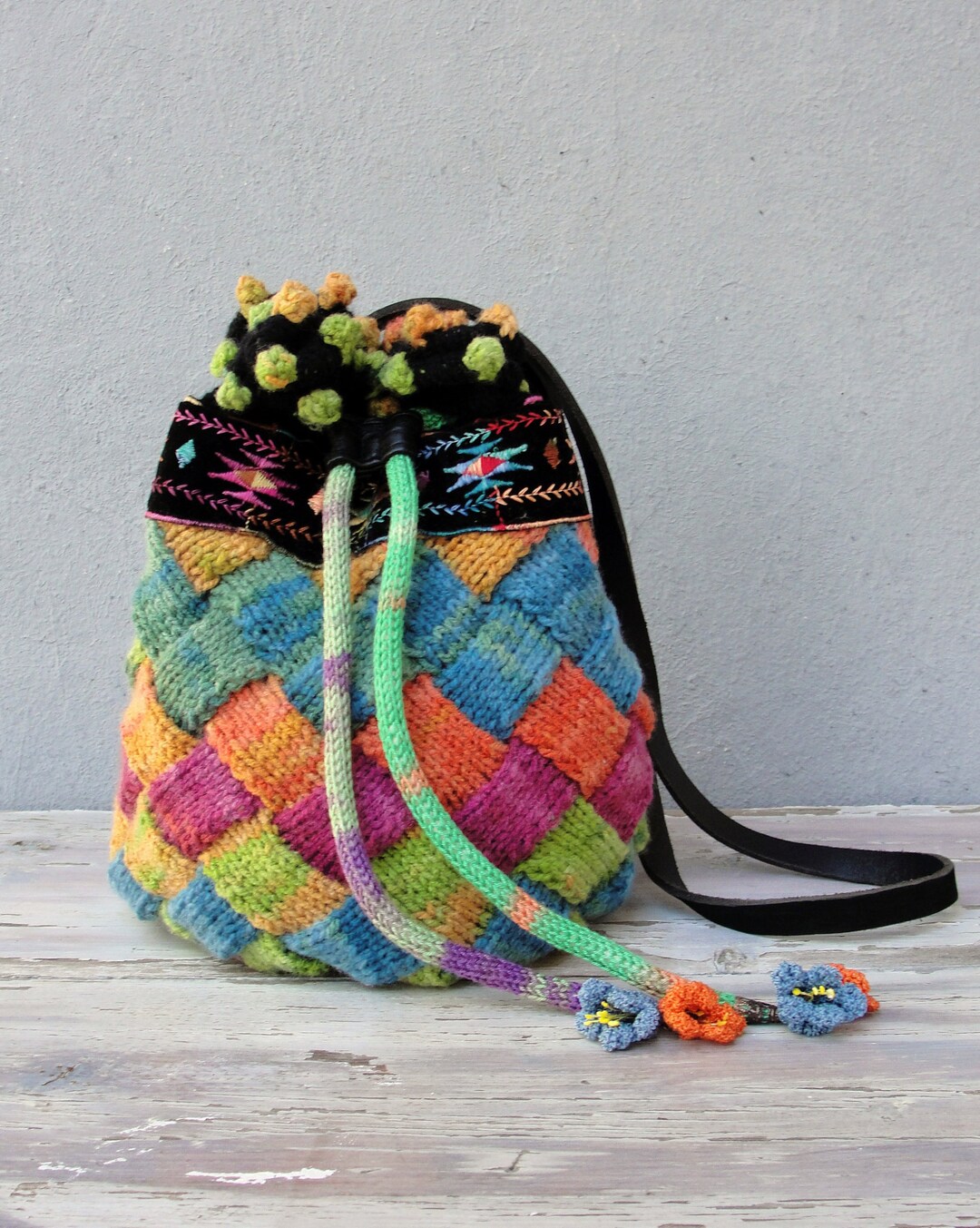 Rainbow Knitted Bag Geometry Pull String Purse, Hand Knitted With ...