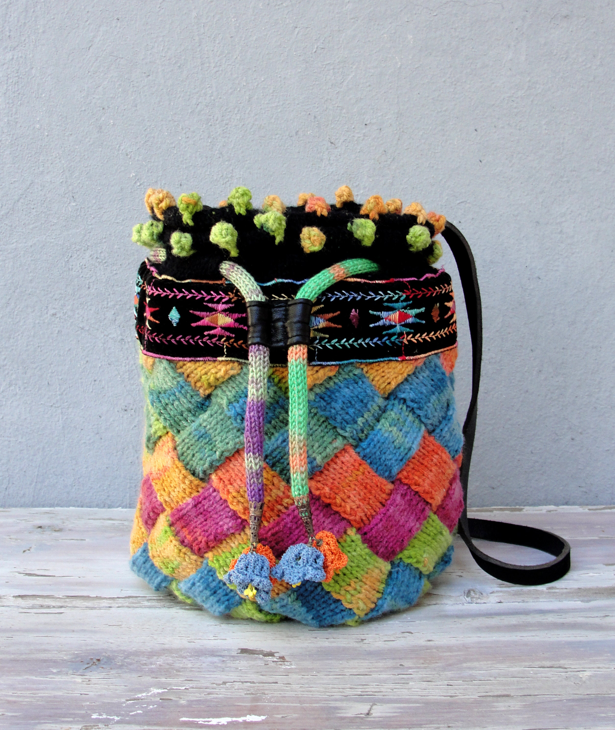 Rainbow Knitted Bag Geometry Pull String Purse Hand Knitted | Etsy