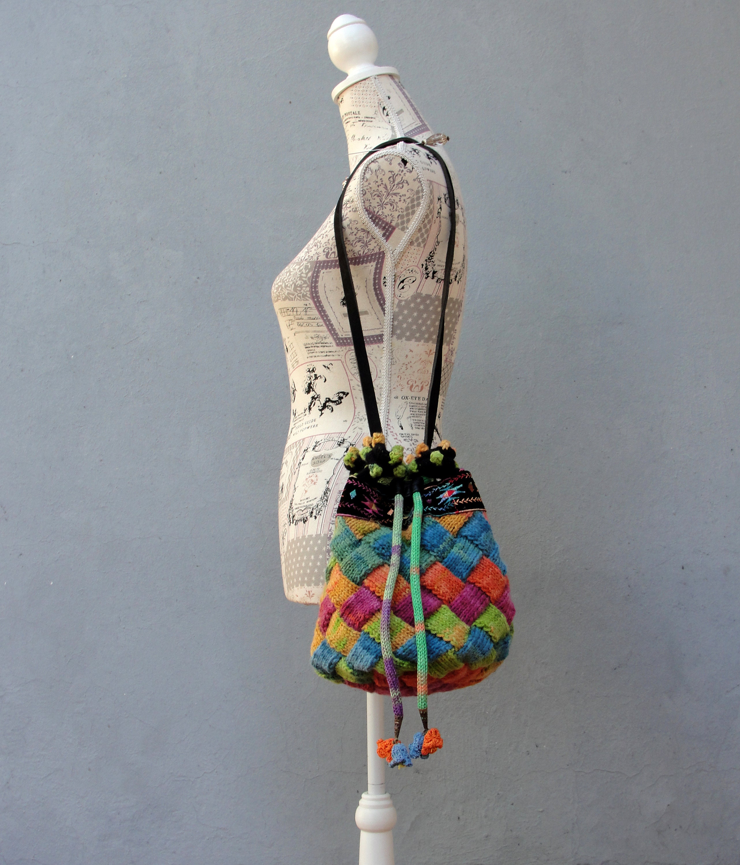 Rainbow Knitted Bag Geometry Pull String Purse Hand Knitted | Etsy