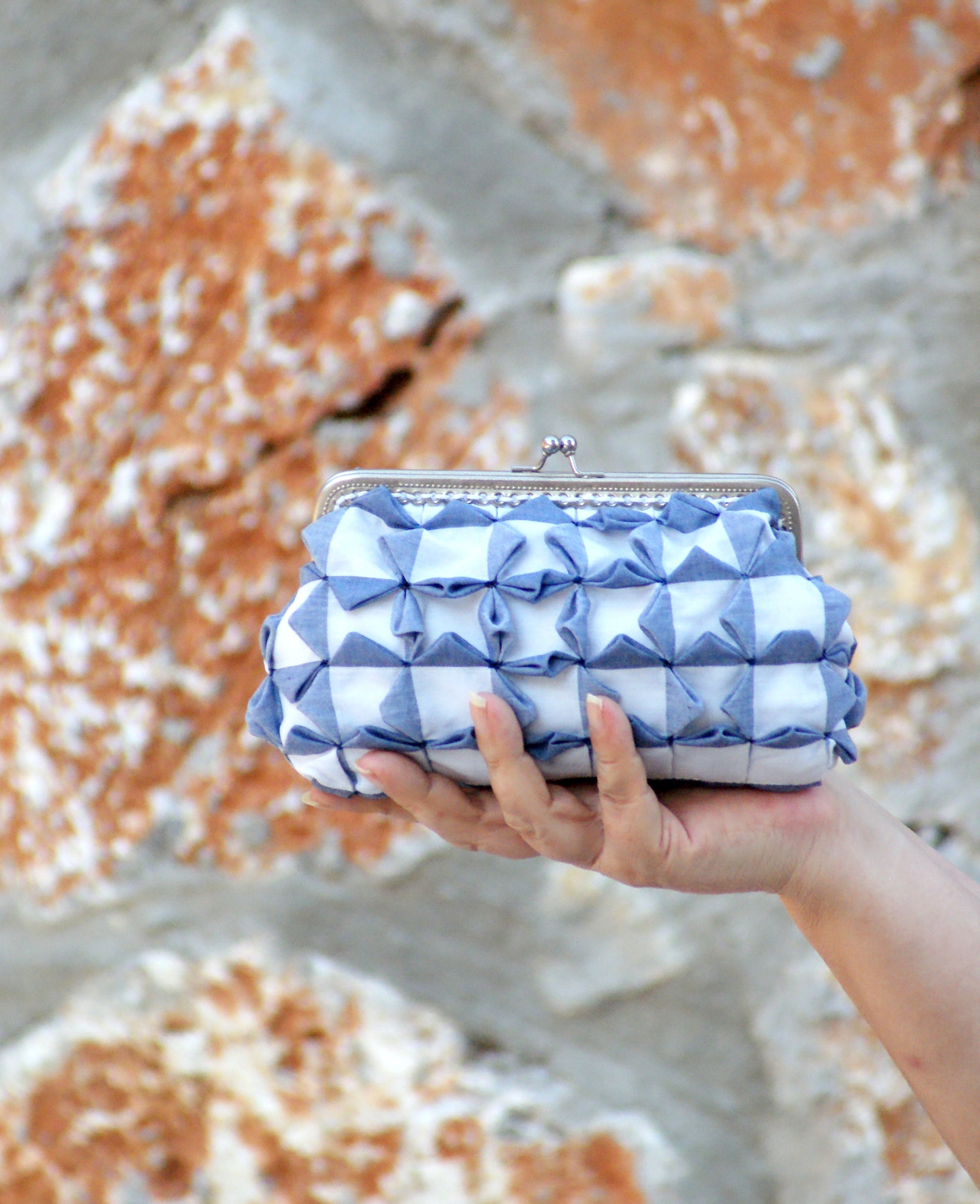 Cubes Clutch Purse - Smocked Gingham Denim Blue and White - Etsy
