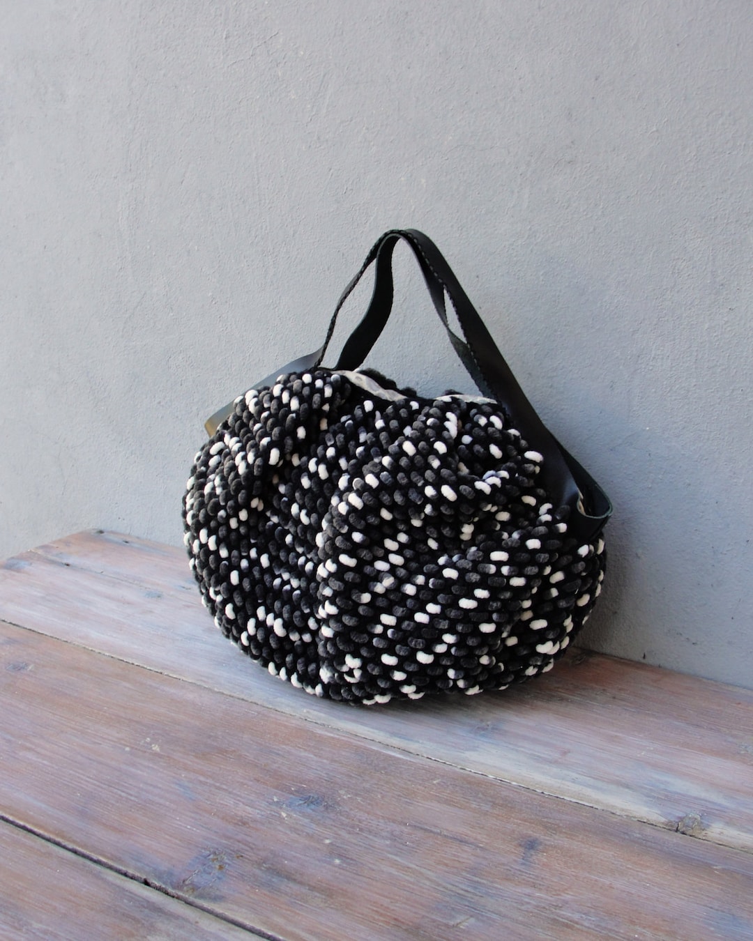 Crocheted Chenille Bag: Black & White Puffy Texture, Upcycled Leather ...