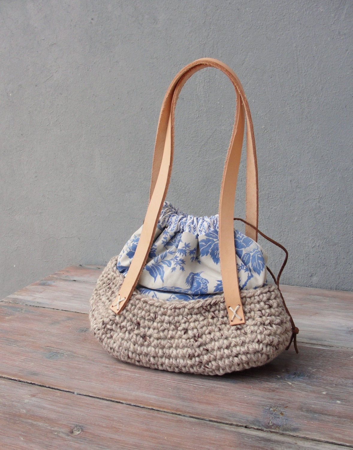 Bird's Nest Bag - Antique Fabric, Leather Handles and Crochet - Etsy