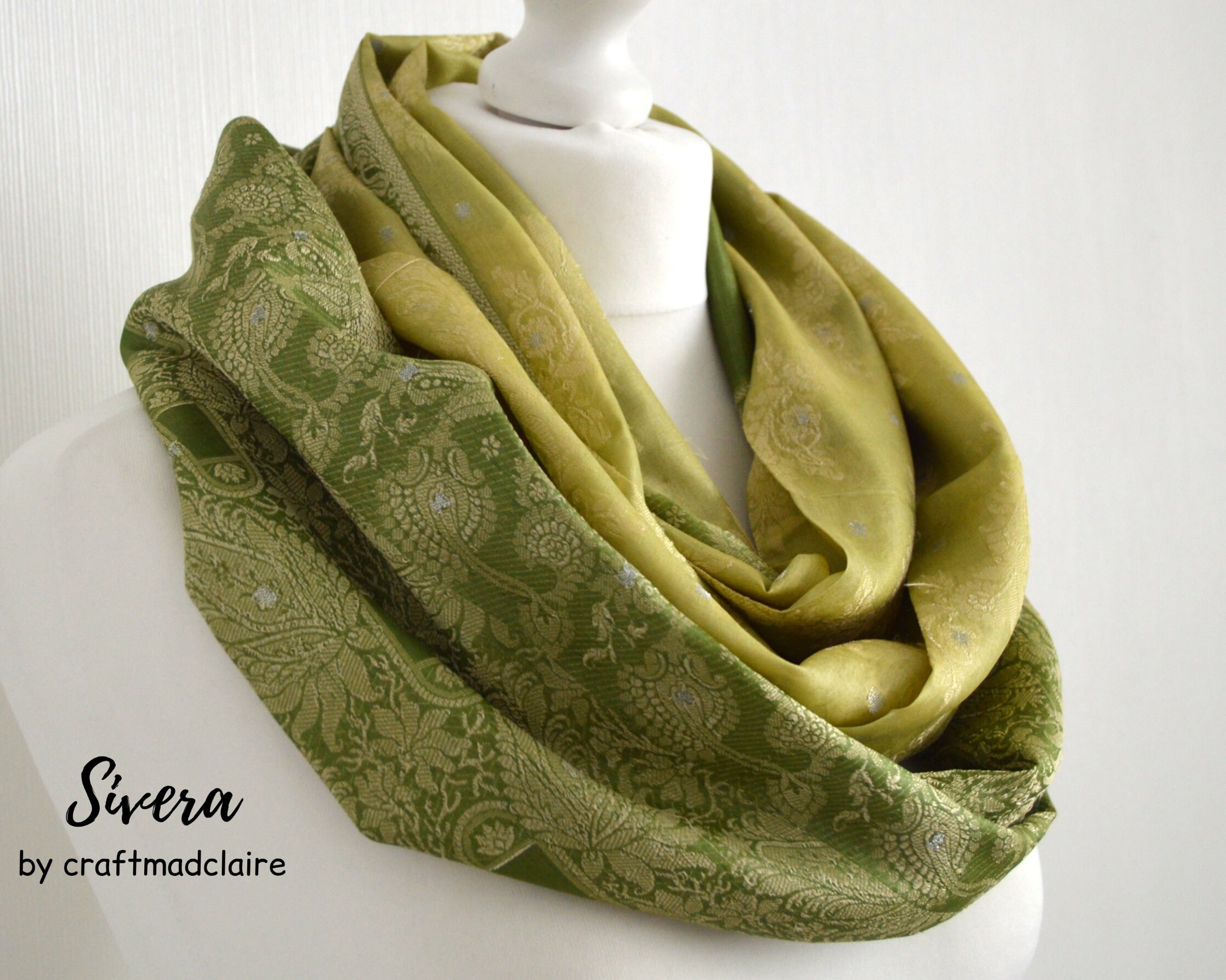 Green Brocade Silk Loop Scarf Silk Infinity Scarf Sari | Etsy