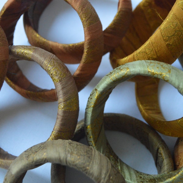Sari Silk Wrapped Bangle Bracelet, Recycled, Wooden Bangle, Beige, Pale Copper, Dark Copper ...
