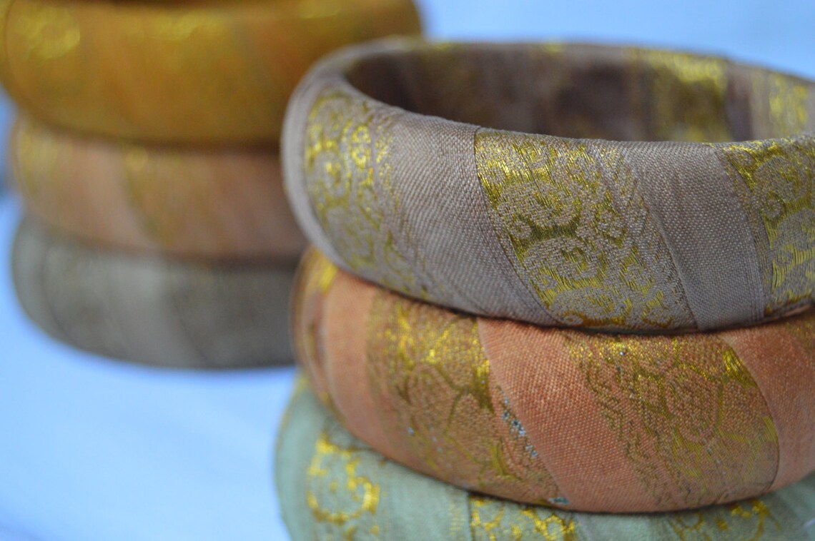 Sari Silk Wrapped Bangle Bracelet Recycled Wooden Bangle | Etsy