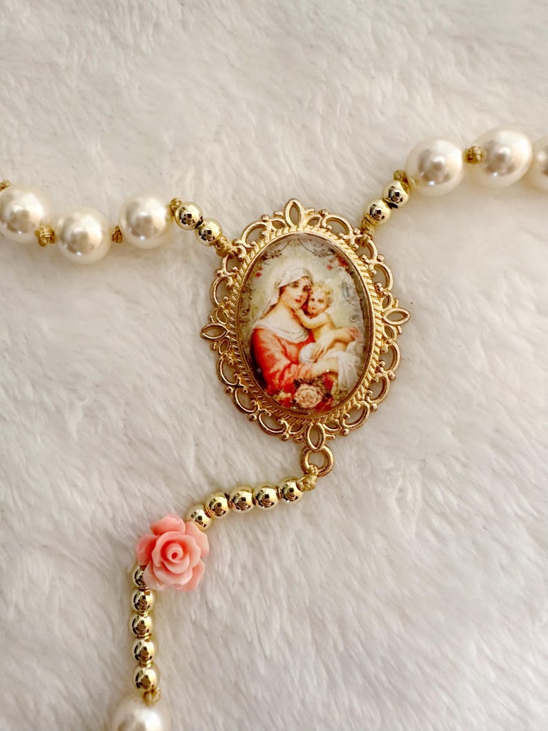 Handmade Pearl Rosary, Madonna and Child Centerpiece, Pink Rose Beads ...