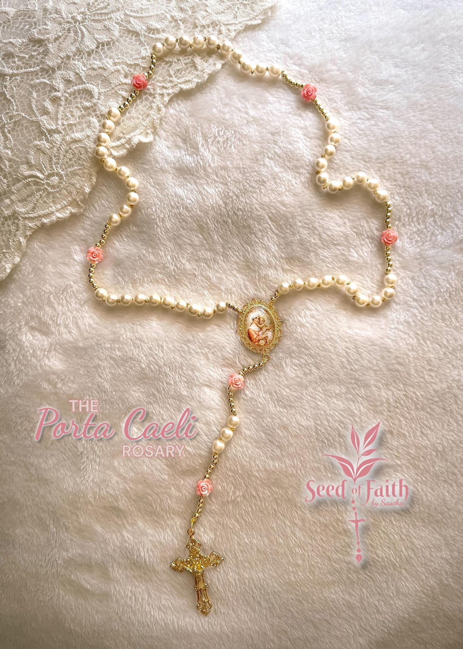 Handmade Pearl Rosary, Madonna and Child Centerpiece, Pink Rose Beads ...