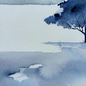 Minimalist Watercolor Painting: Original Winter Blue Landscape With ...