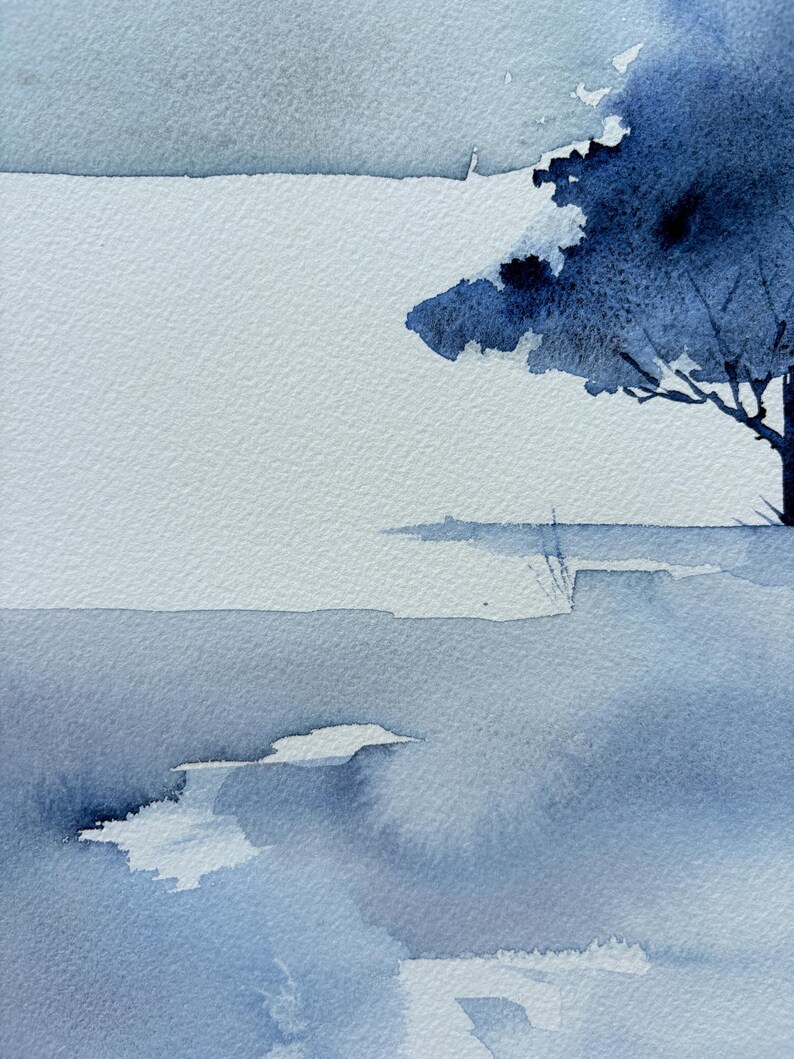 Minimalist Watercolor Painting: Original Winter Blue Landscape With ...