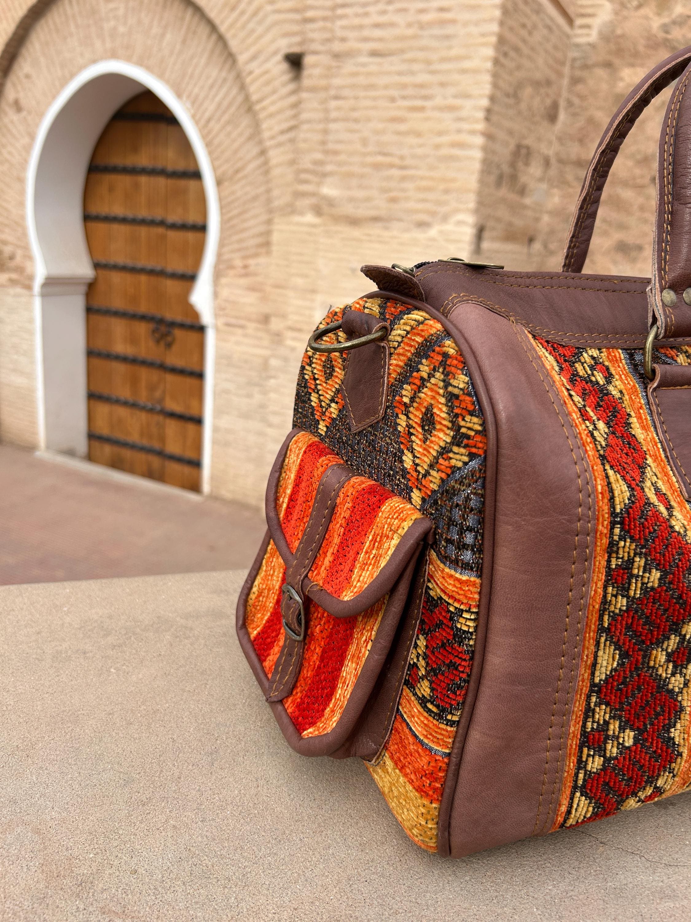 Moroccan Bag, Leather Travel Bag, Bohemian Bag, Kilim Travel Handbag ...