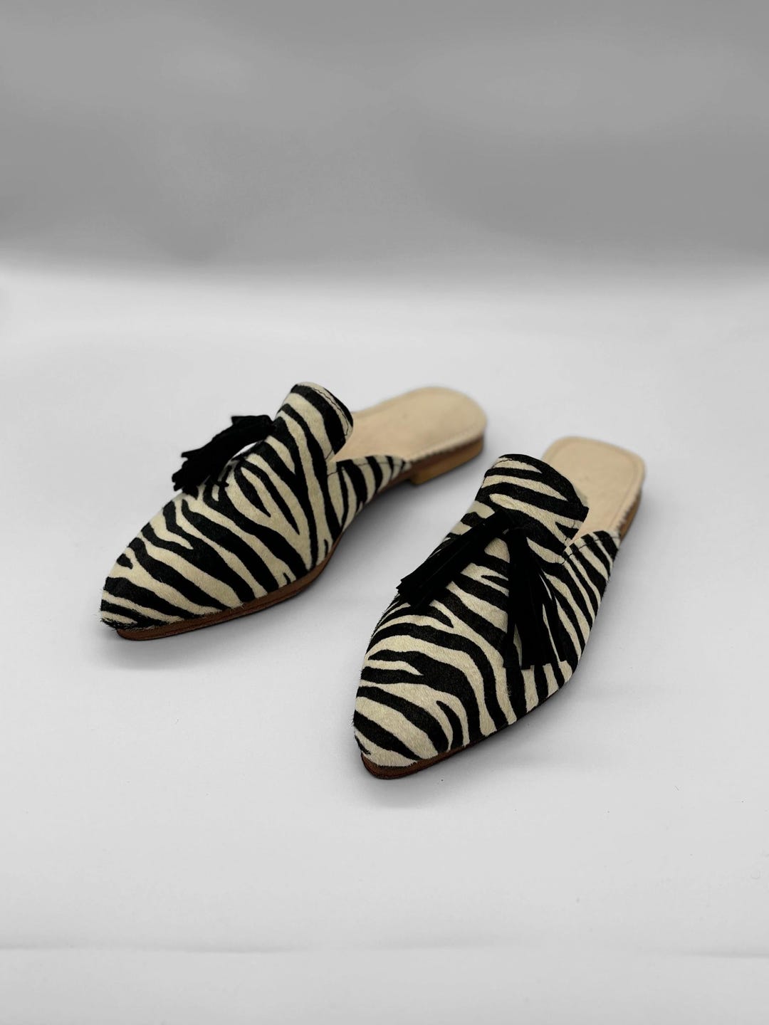 Zebra Print Moroccan Mules With Black Leather Tassels - Etsy