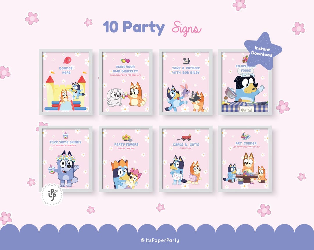 10 Party Signs Bluey, Bluey Pink Girl Party Sign Bundle, Girl Bluey ...