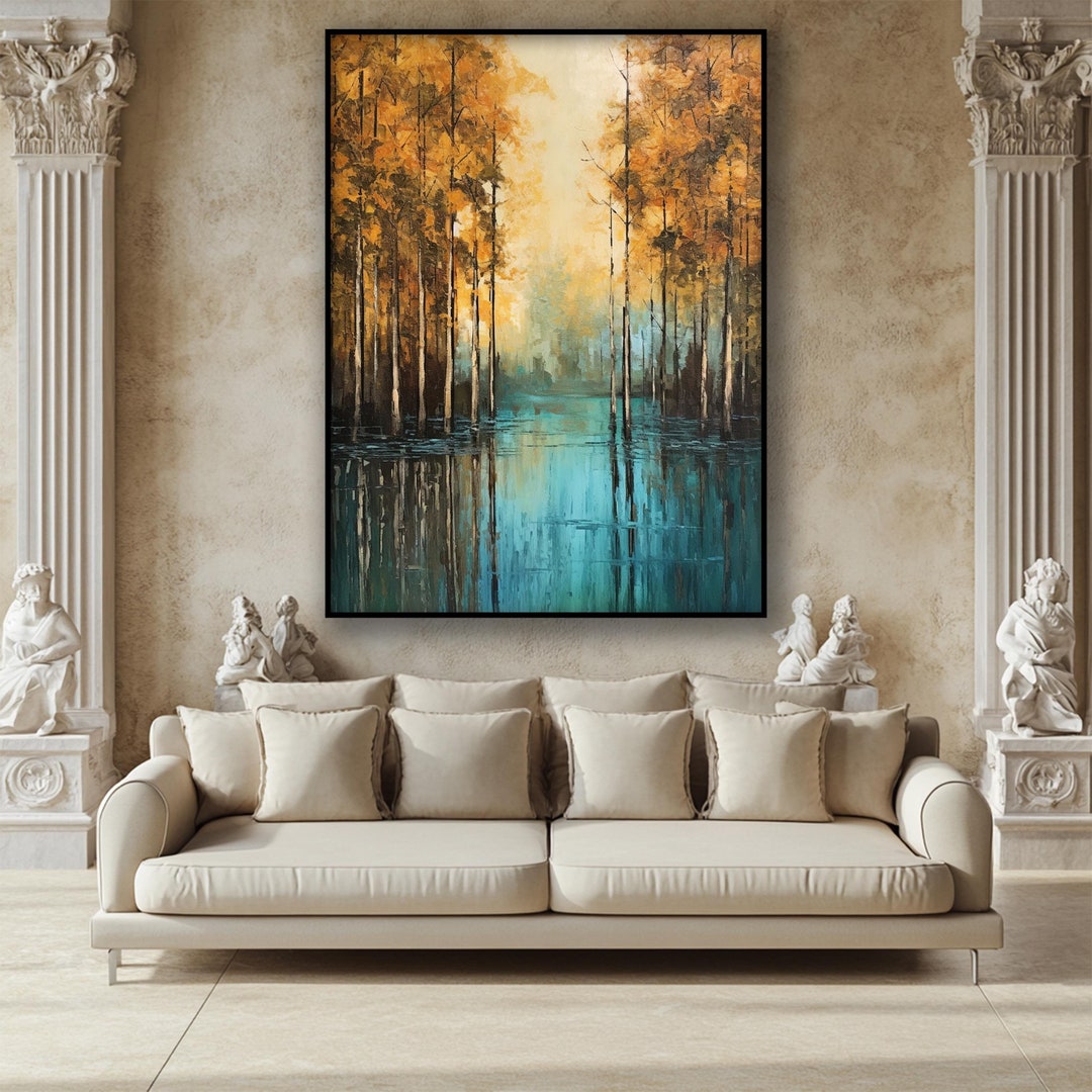August Trees, 100 % Handmade Oil Painting, Lake, Blue and Orange ...