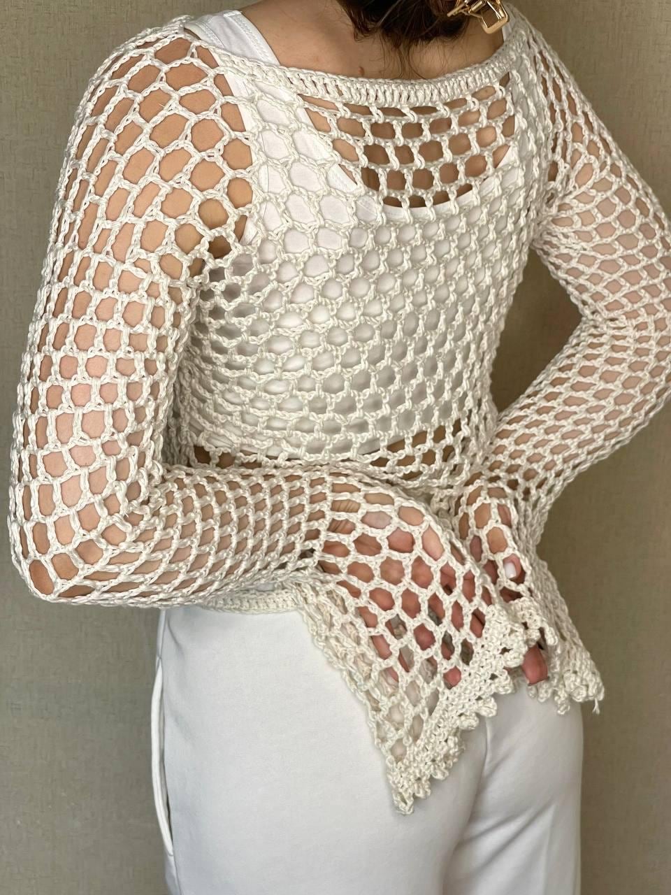 Open-knit Delicate Crochet Design, Handcrafted Long-sleeve Sweater ...