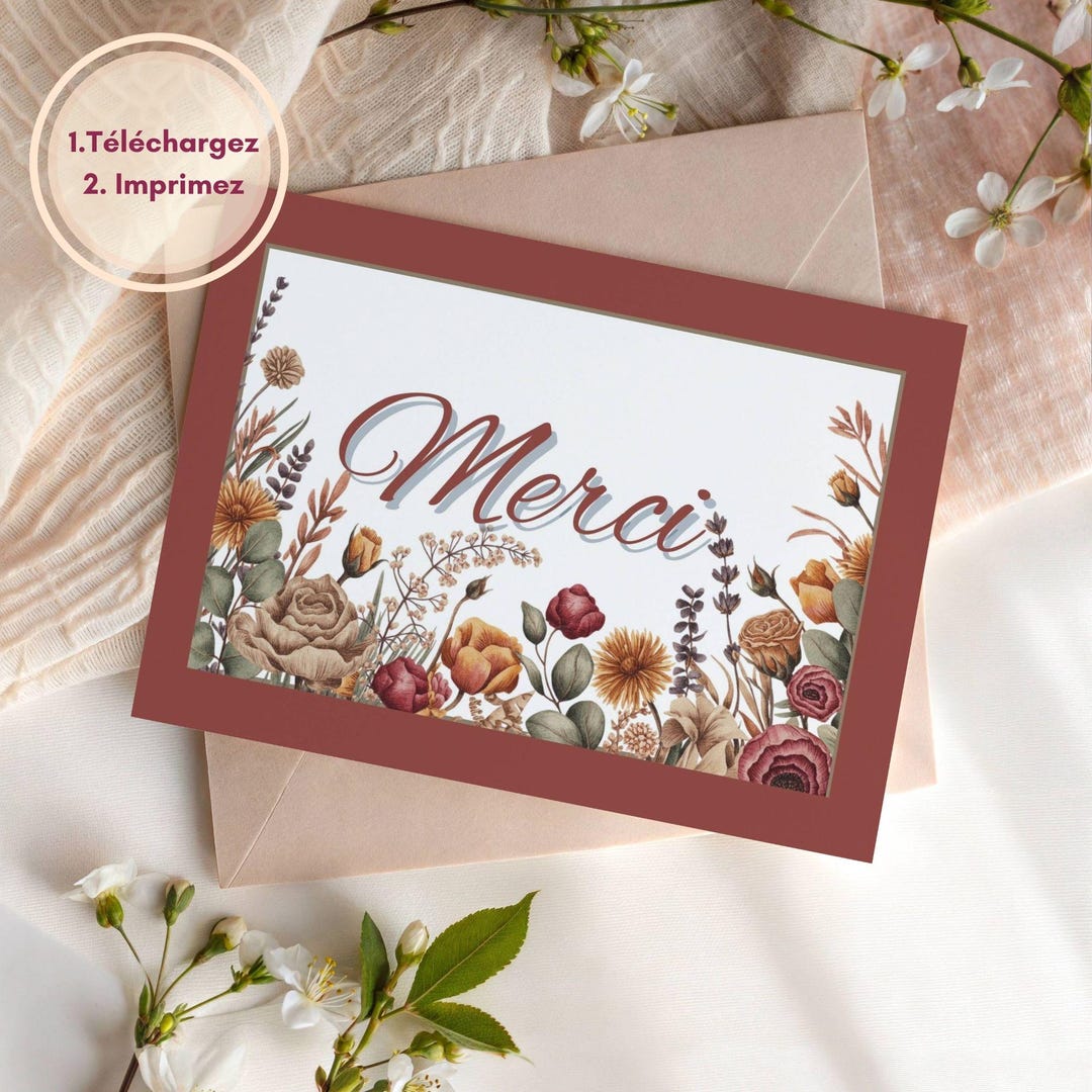 Instantly Printable French Autumn Thank You Card With Blue Flowers and ...