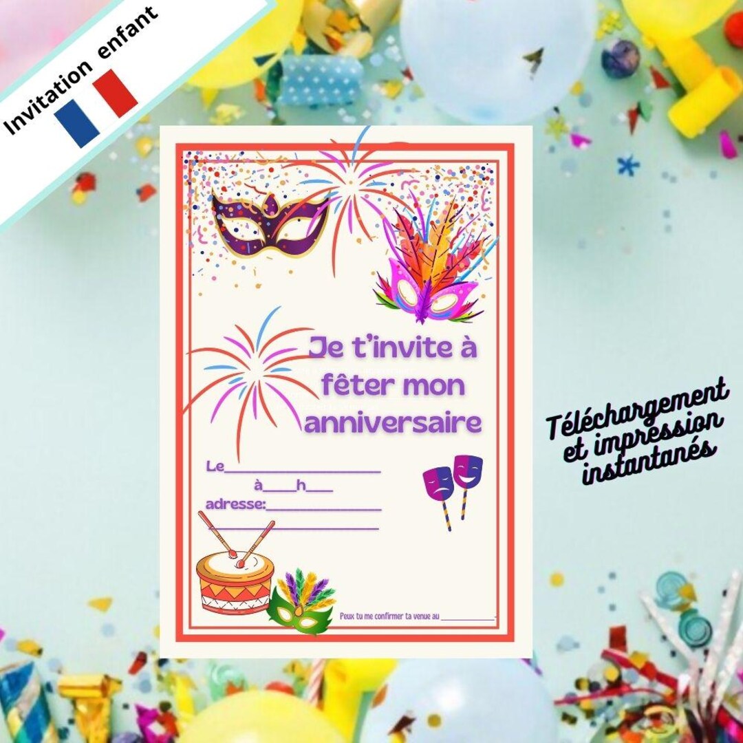 French Birthday Invitation Card With a Carnival and Costume Theme ...