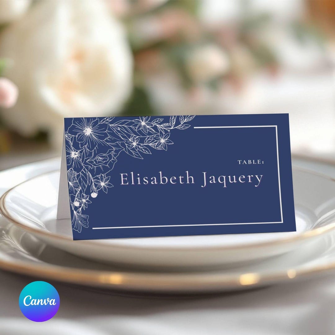 Customizable White Flower Place Card Template on a Blue Background for ...