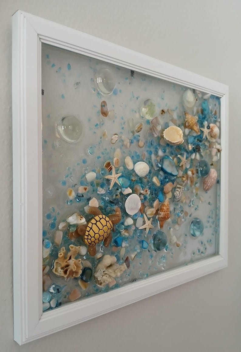 Blue Beach Shells With Turtle, Crushed Glass and Resin Picture on Clear ...