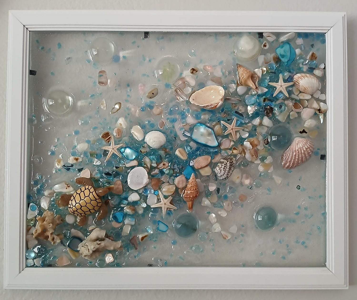 Blue Beach Shells With Turtle, Crushed Glass and Resin Picture on Clear ...