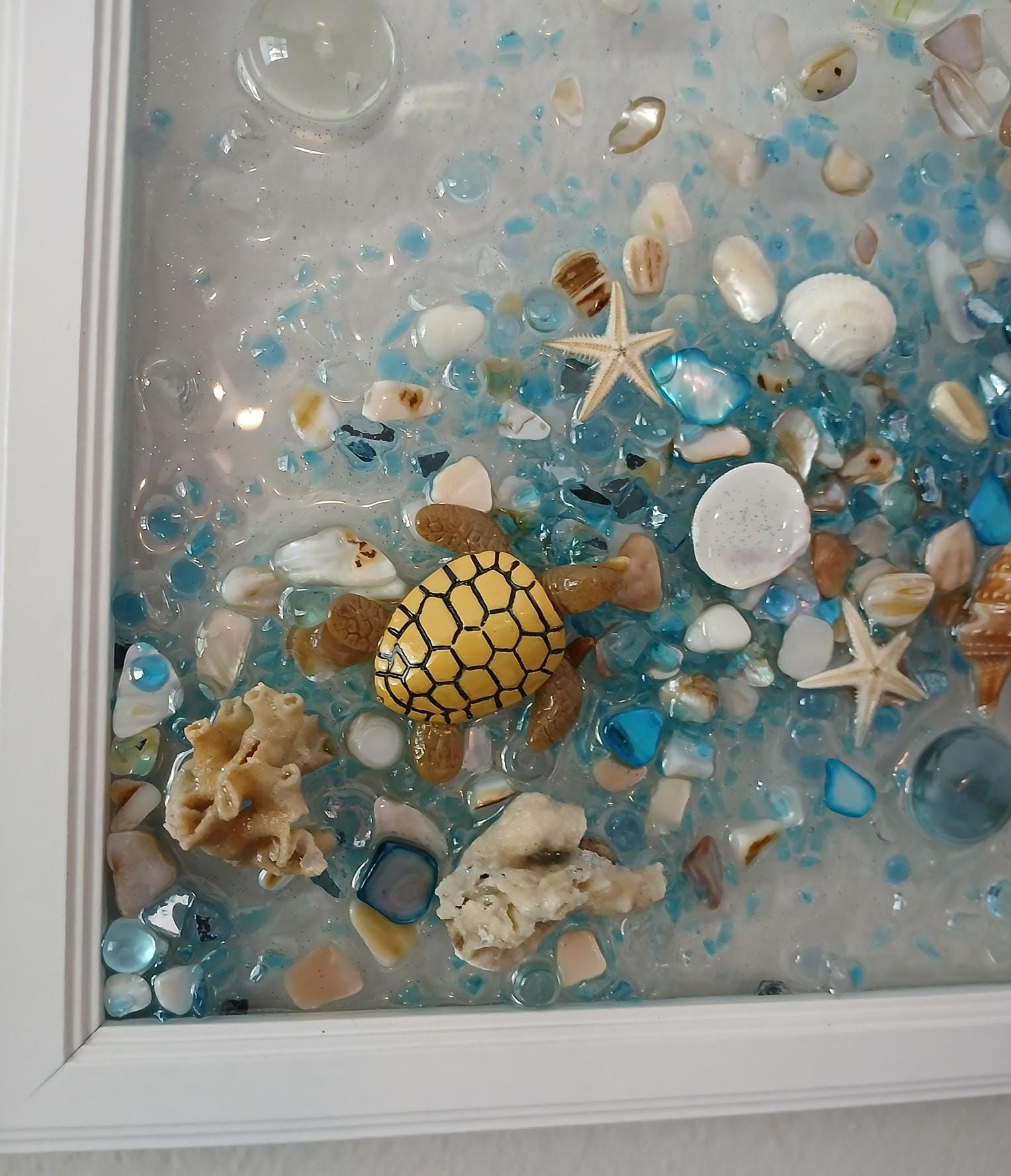 Blue Beach Shells With Turtle, Crushed Glass and Resin Picture on Clear ...