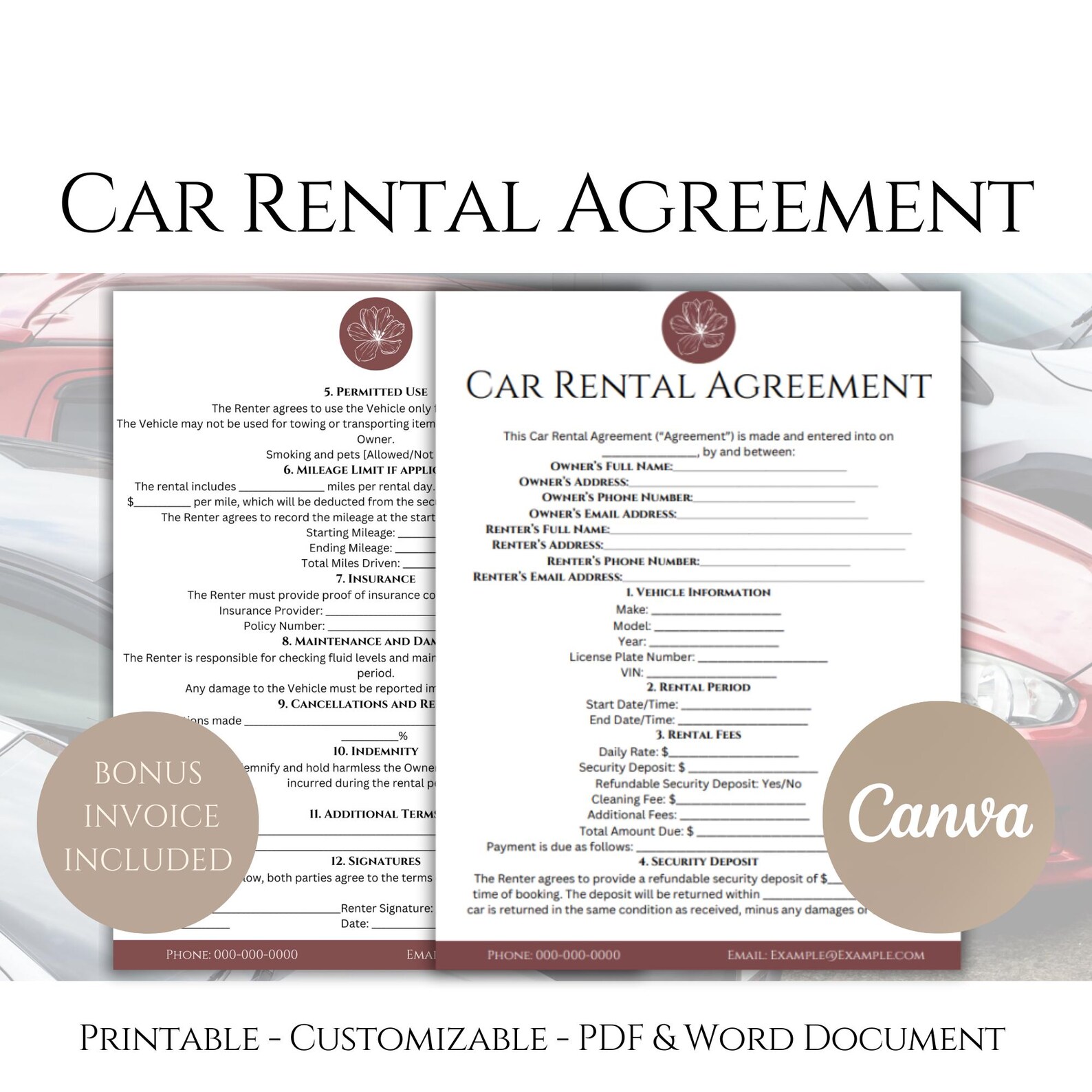 Car Rental Agreement Template | Editable & Printable Car Rental ...