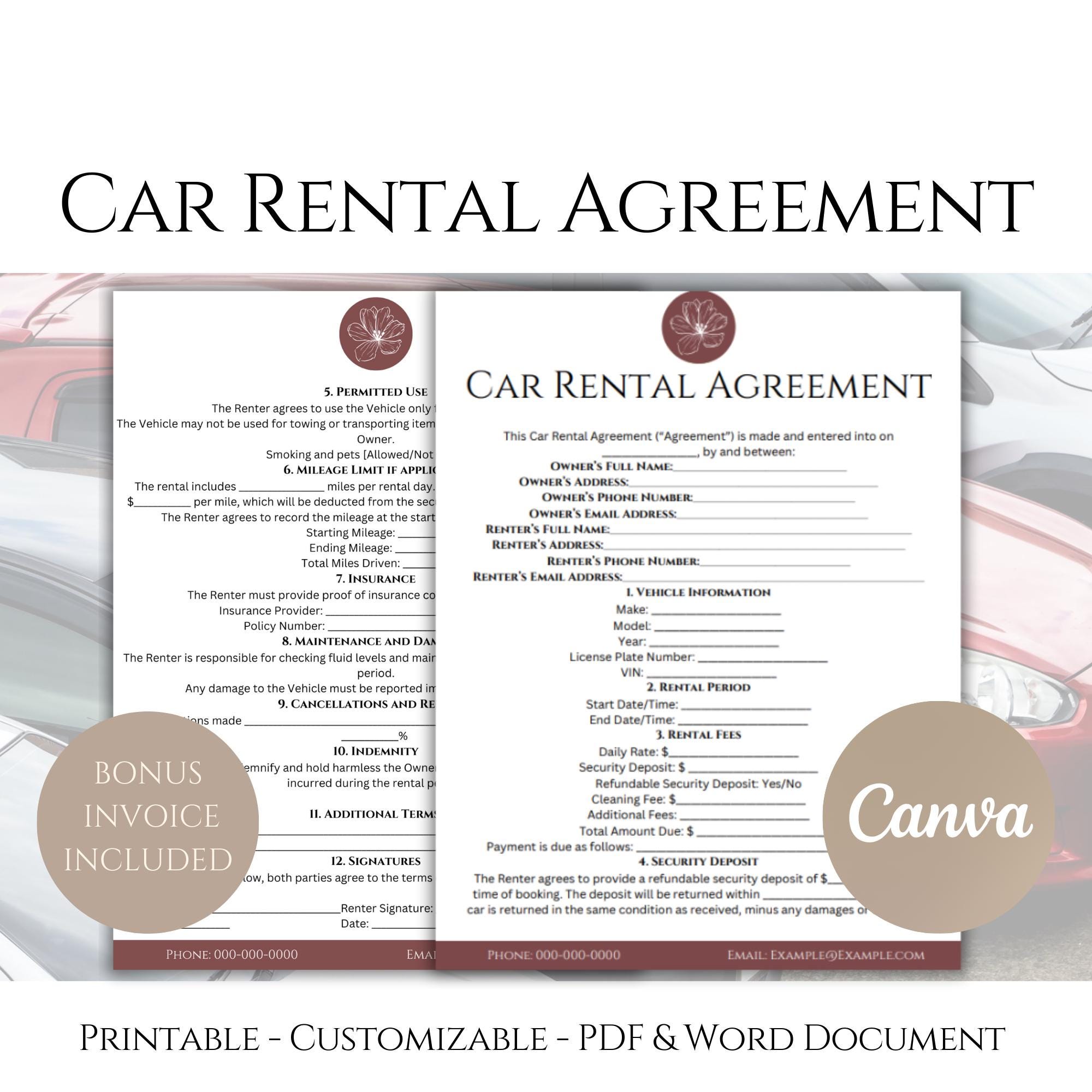Car Rental Agreement Template | Editable & Printable Car Rental ...