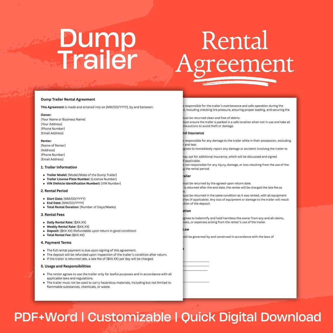 Dump Trailer Rental Agreement, Trailer Rental Contract, Trailer Rental ...