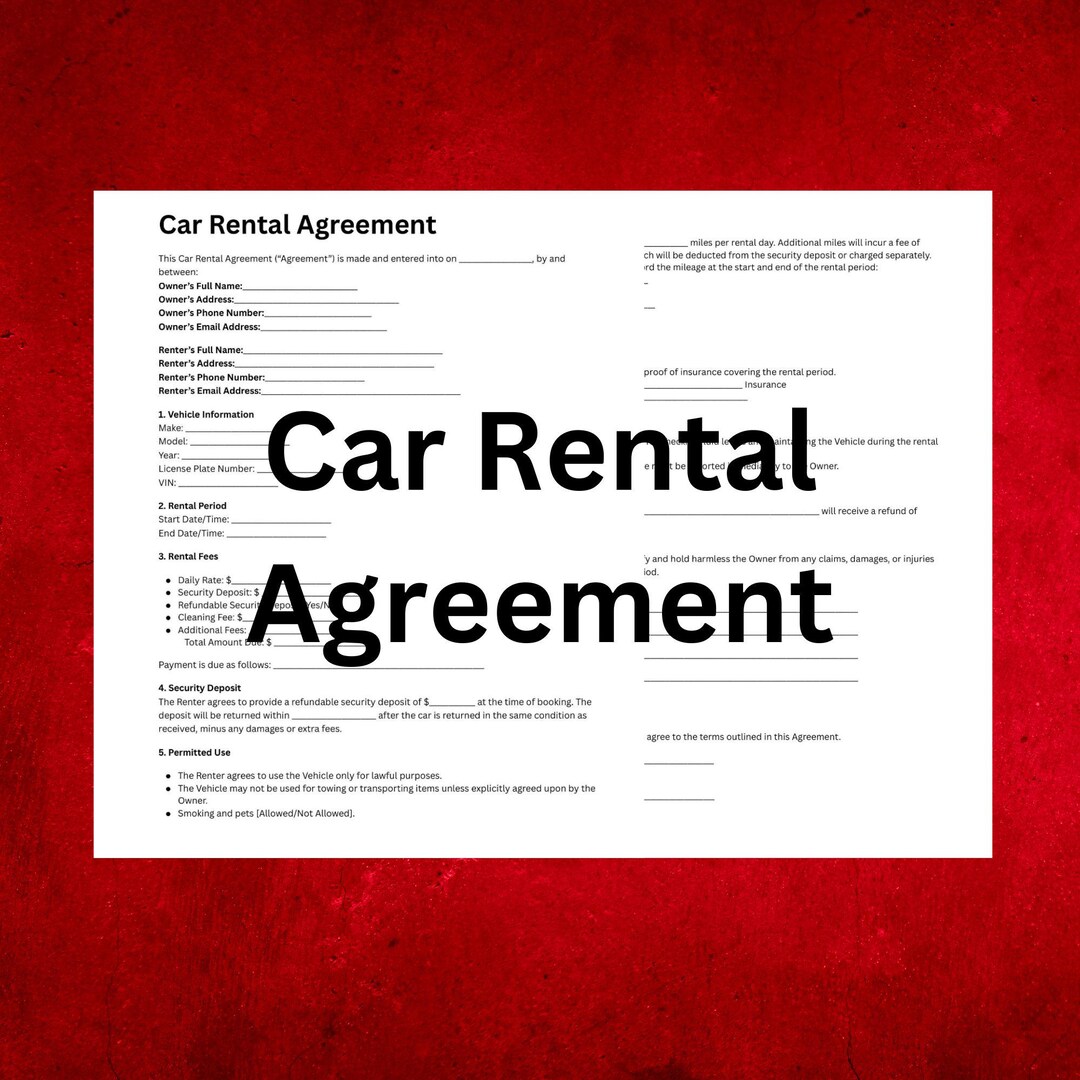 Car Rental Agreement Template Editable & Printable Car Rental Contract ...