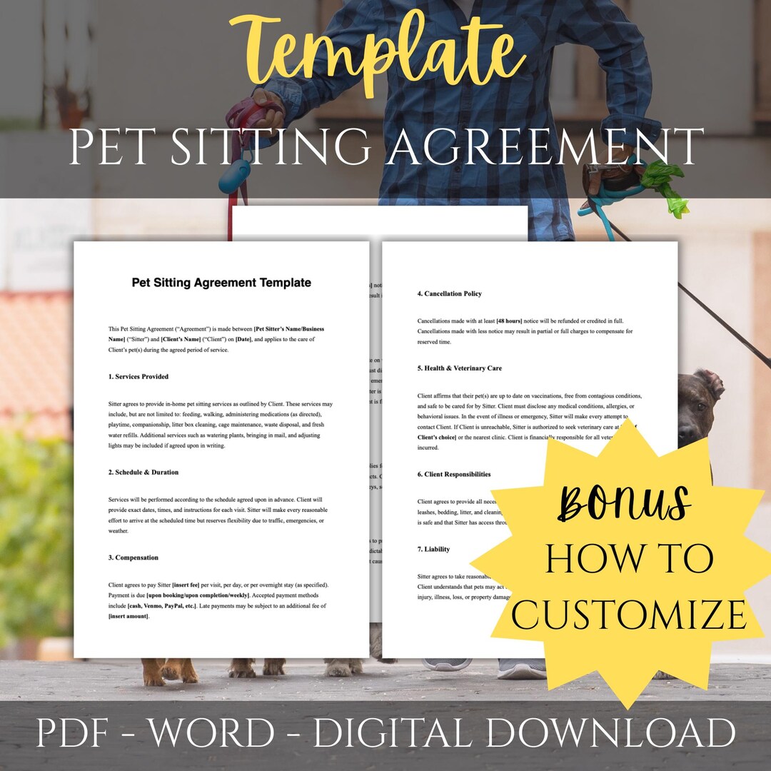 Pet Sitting Contract Template | Editable Pet Care Agreement | Dog Cat ...