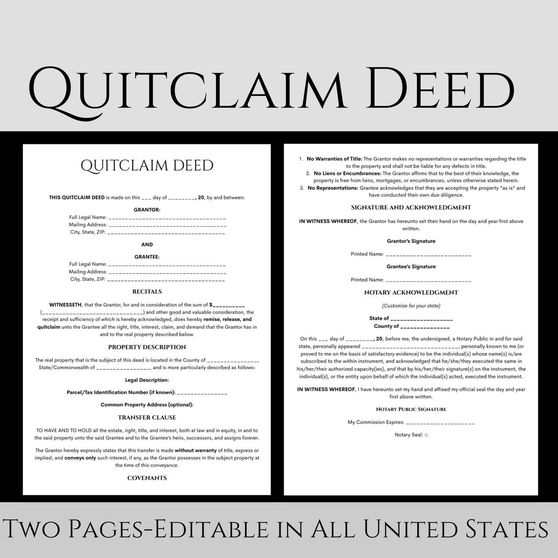 Quitclaim Deed Template | Printable and Editable Legal Form | Real ...