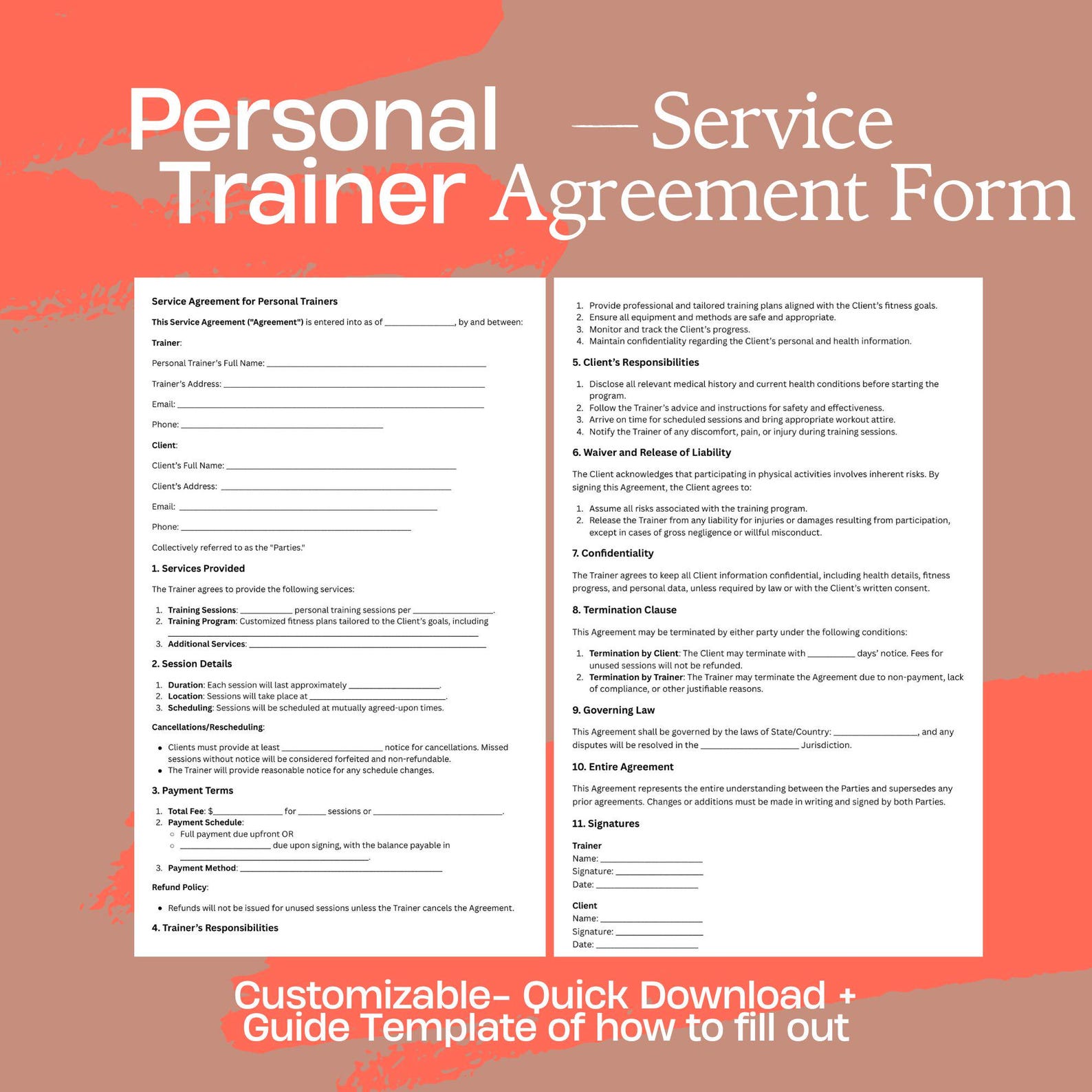 Personal Trainer Contract Template, Fitness Coaching Agreement, Customizable Trainer-client ...