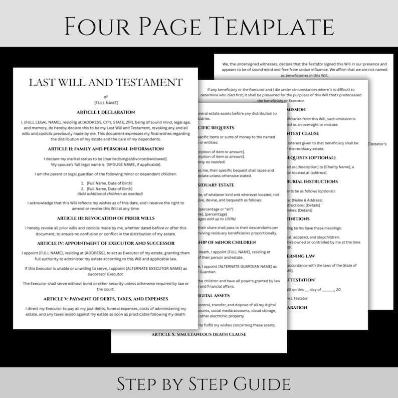 Last Will and Testament Template Printable, Fillable Legal Will PDF ...