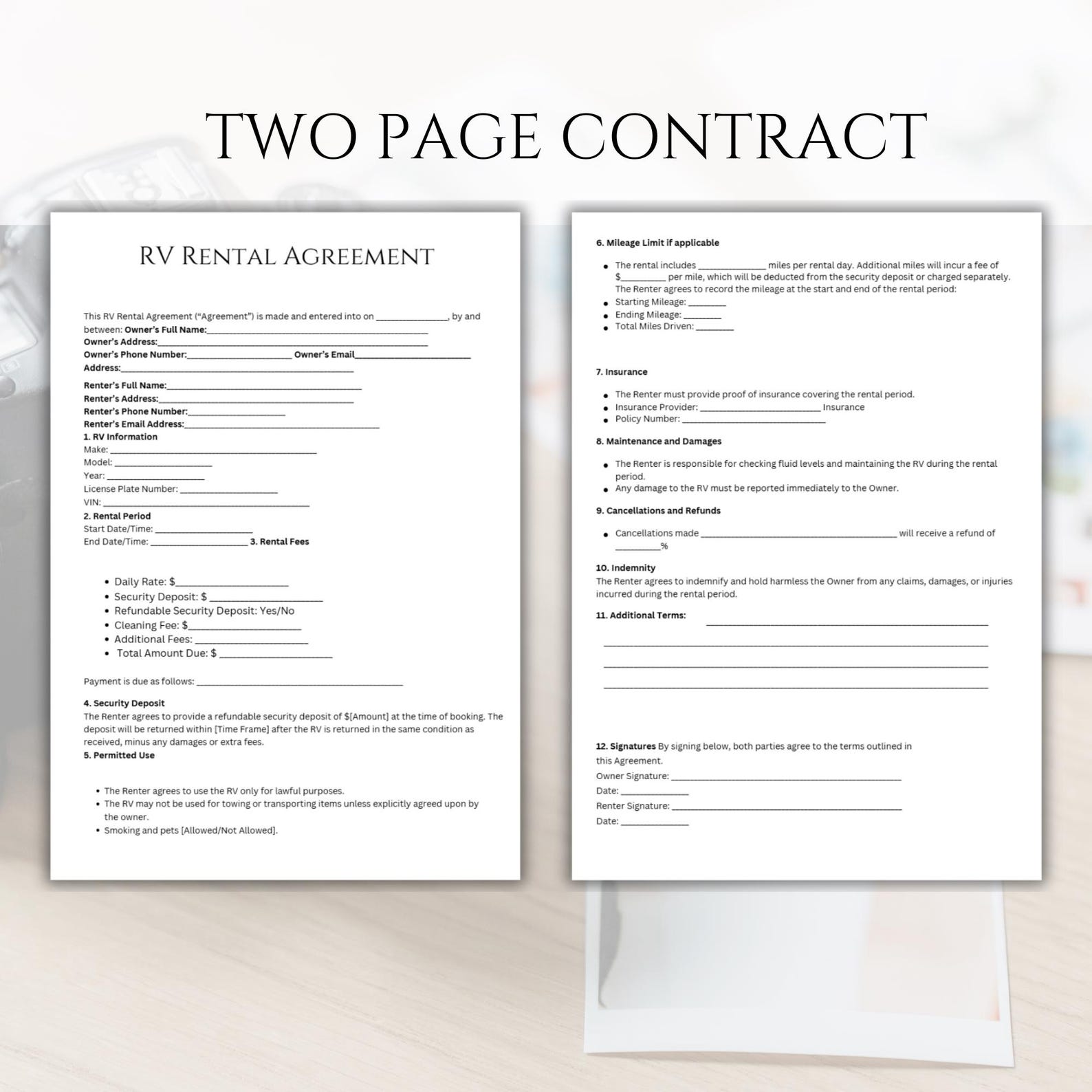 RV Rental Agreement Contract, RV Rental Contract Template, Rental ...