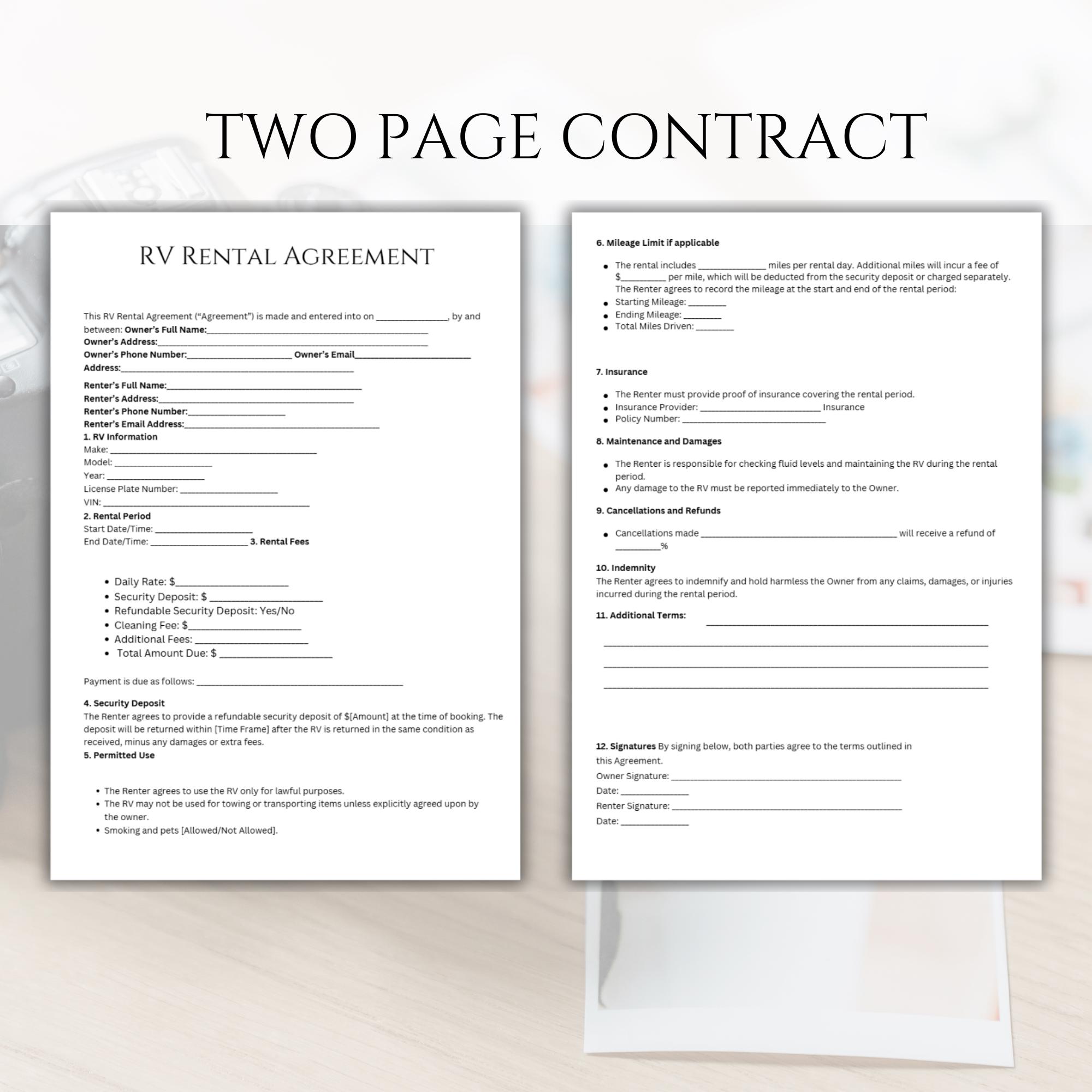 RV Rental Agreement Contract, RV Rental Contract Template, Rental ...