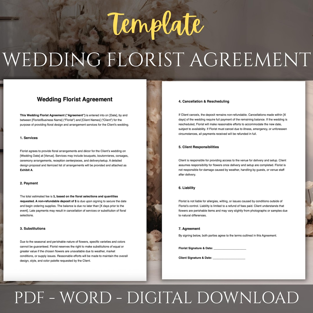 Wedding Florist Contract Template | Editable Flower Vendor Agreement ...