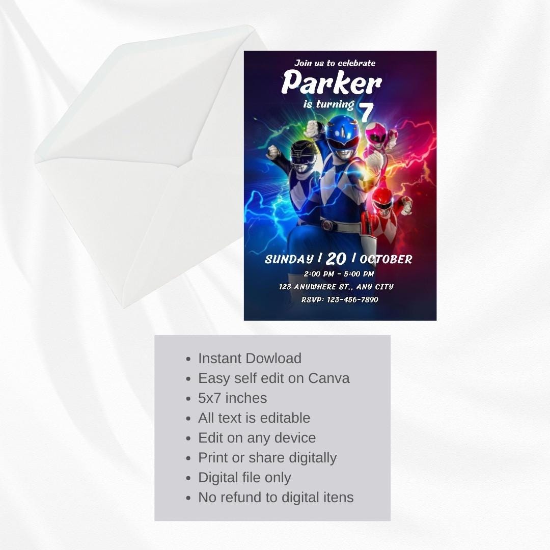 Editable Power Ranger Boy Birthday Invite Party Invitations Template ...