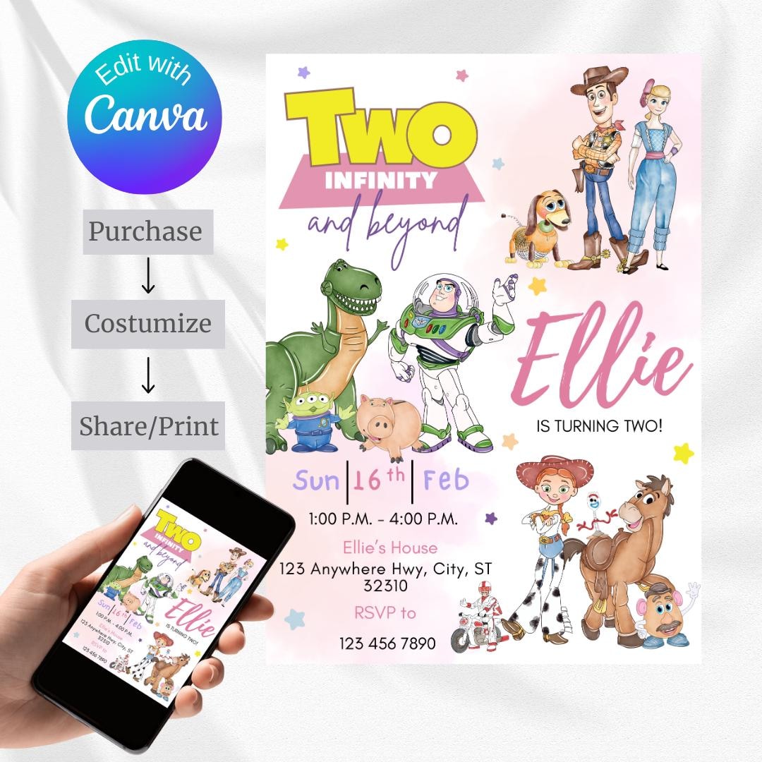 Toy Story Two Infinity and Beyond Editable Birthday Invitation Party ...
