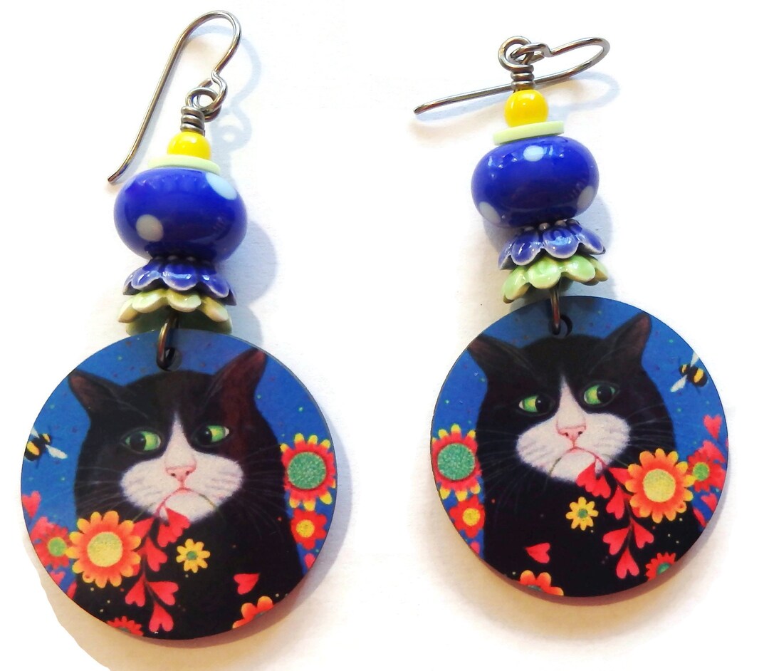 Cat Images on Wood Charm Earrings/ Scaredy Cat Earrings/ Fun Cat ...