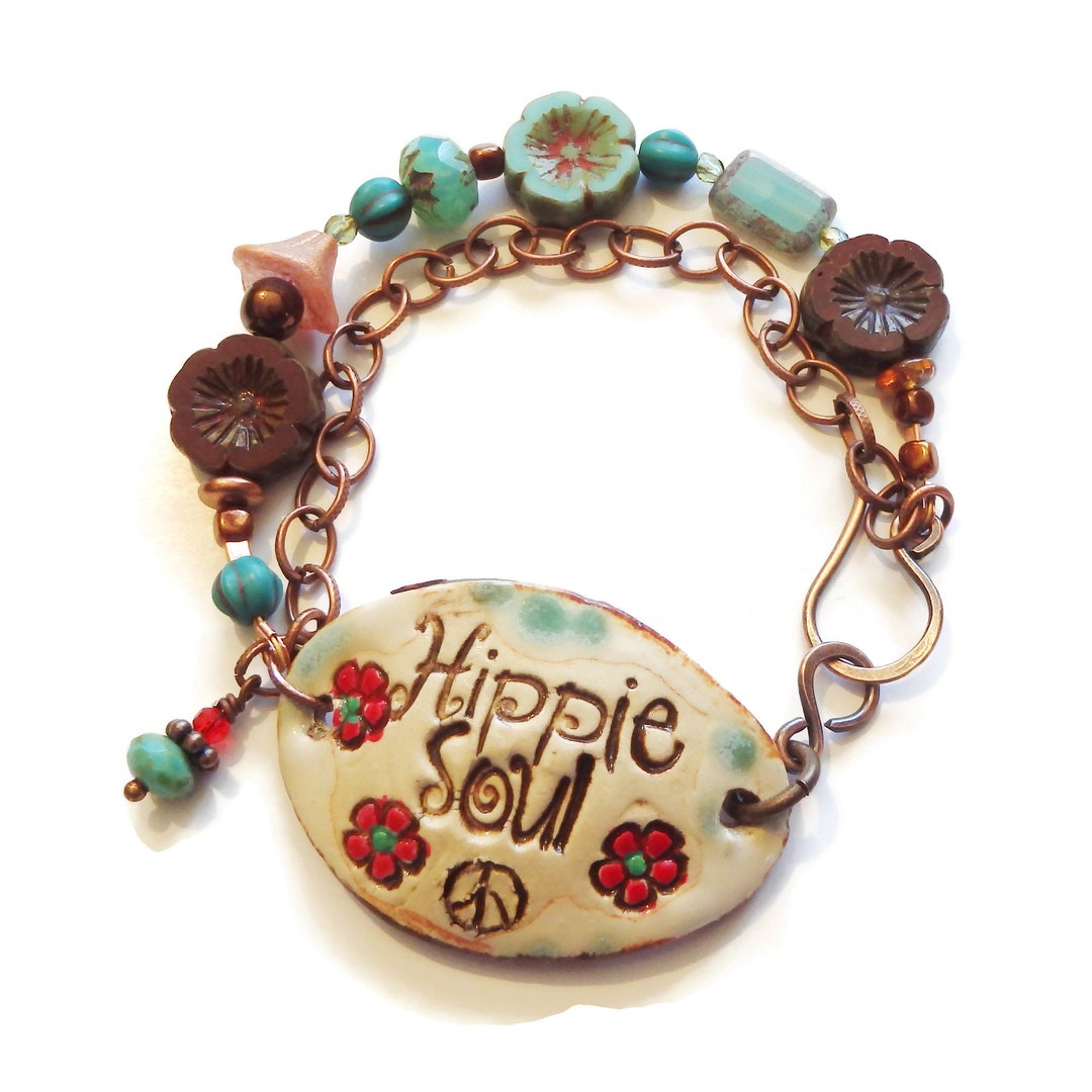 Hippie Soul Bracelet/ Hippie Bracelet/ Ceramic Bar and Czech Glass ...