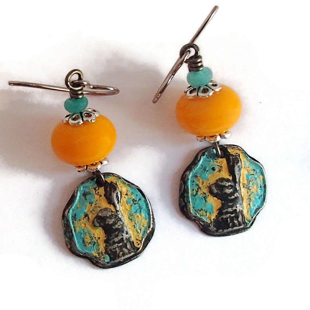 Pewter Rabbit Charm Earrings/ Rabbit/ Lampwork Aqua/ Painted Pewter ...