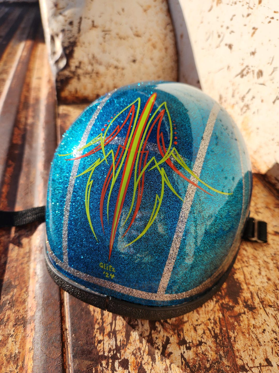 Hand Painted Motorbike Helmet With Pinstriping, Garage Art, Repurposed ...