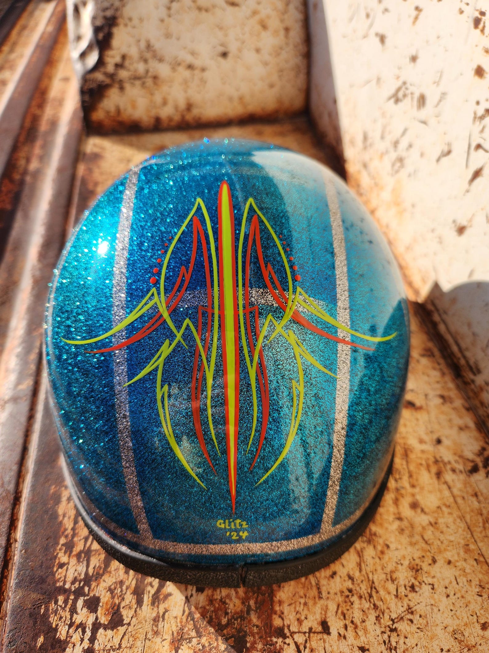 Hand Painted Motorbike Helmet With Pinstriping, Garage Art, Repurposed ...