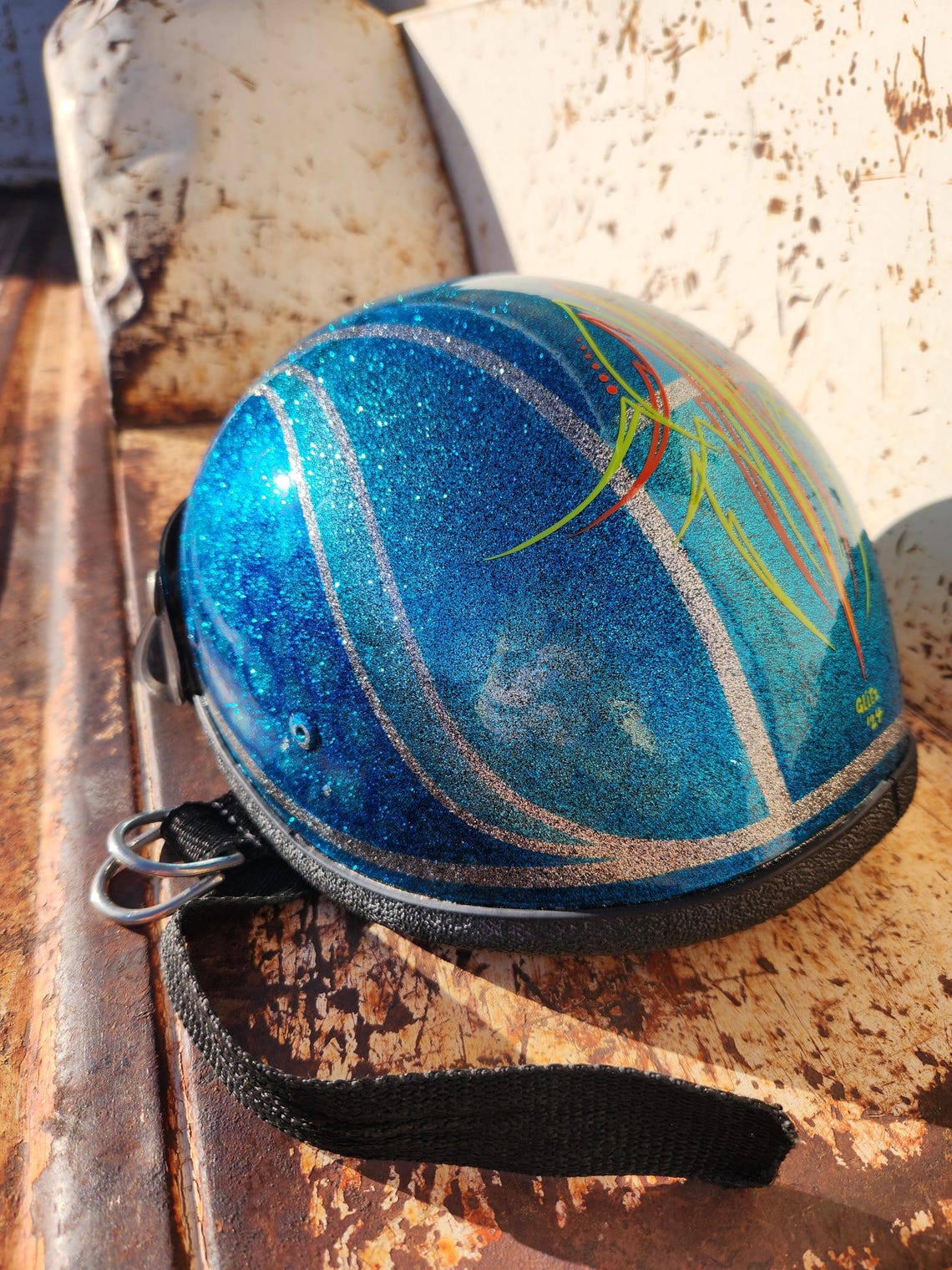 Hand Painted Motorbike Helmet With Pinstriping, Garage Art, Repurposed ...
