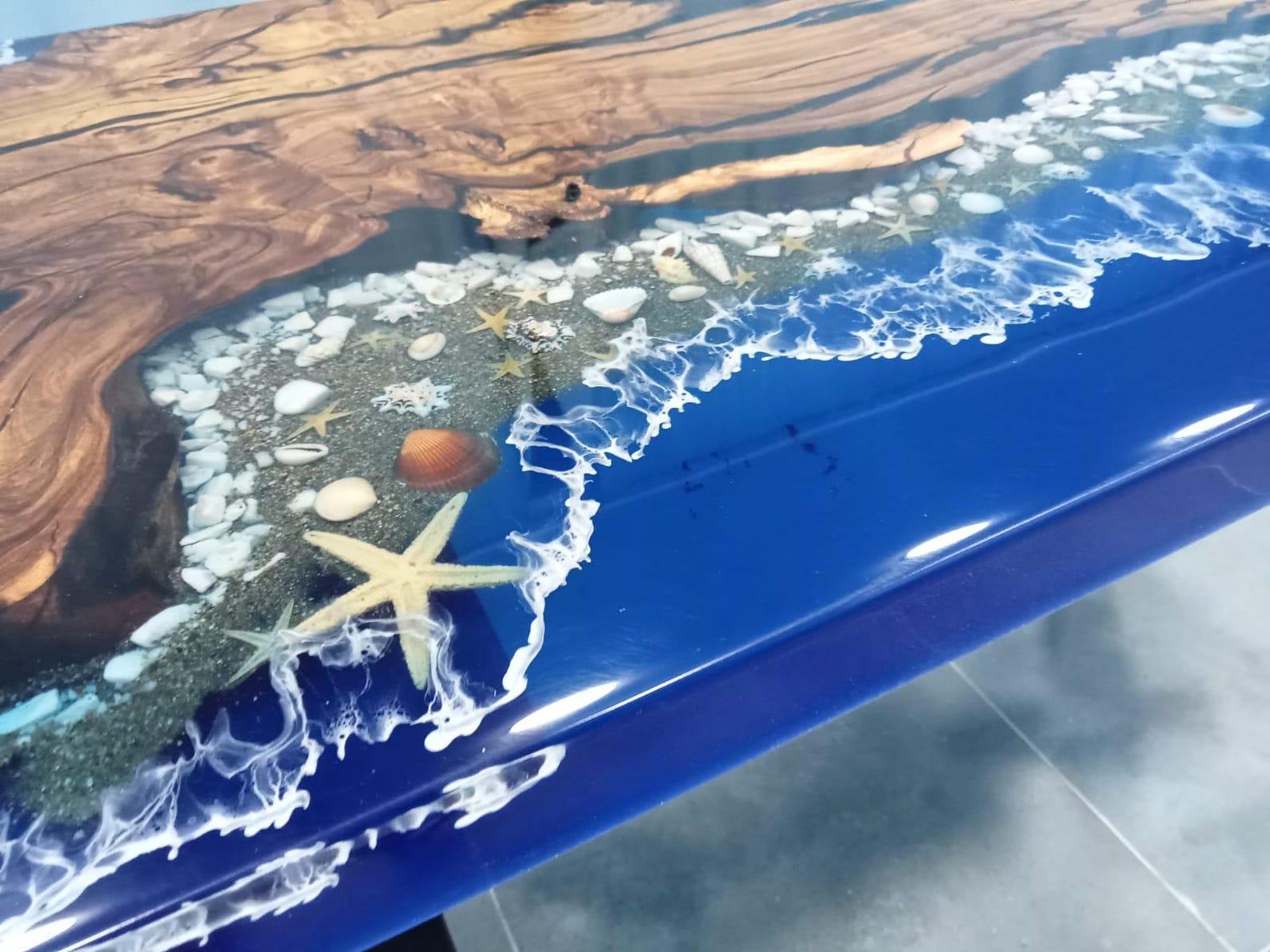 Handmade Olive Wood Ocean Epoxy Coffee Table With Blue Resin Waves and ...