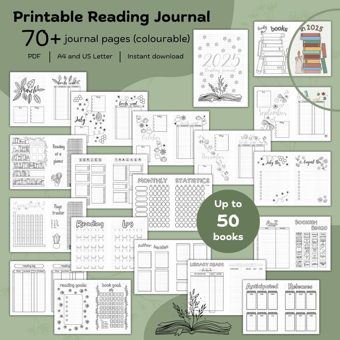 50 Book Printable Reading Journal, Colouring/coloring Reading Journal ...