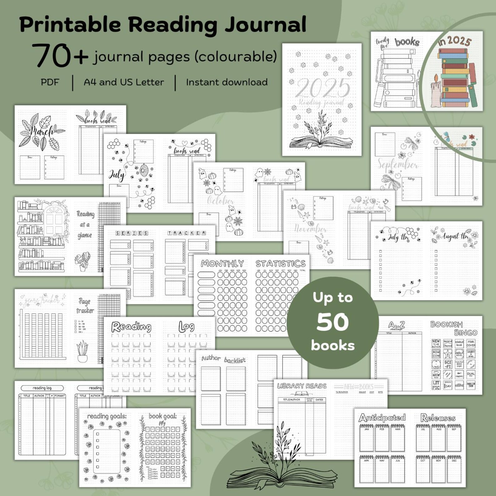 50 Book Printable Reading Journal, Colouring/coloring Reading Journal ...