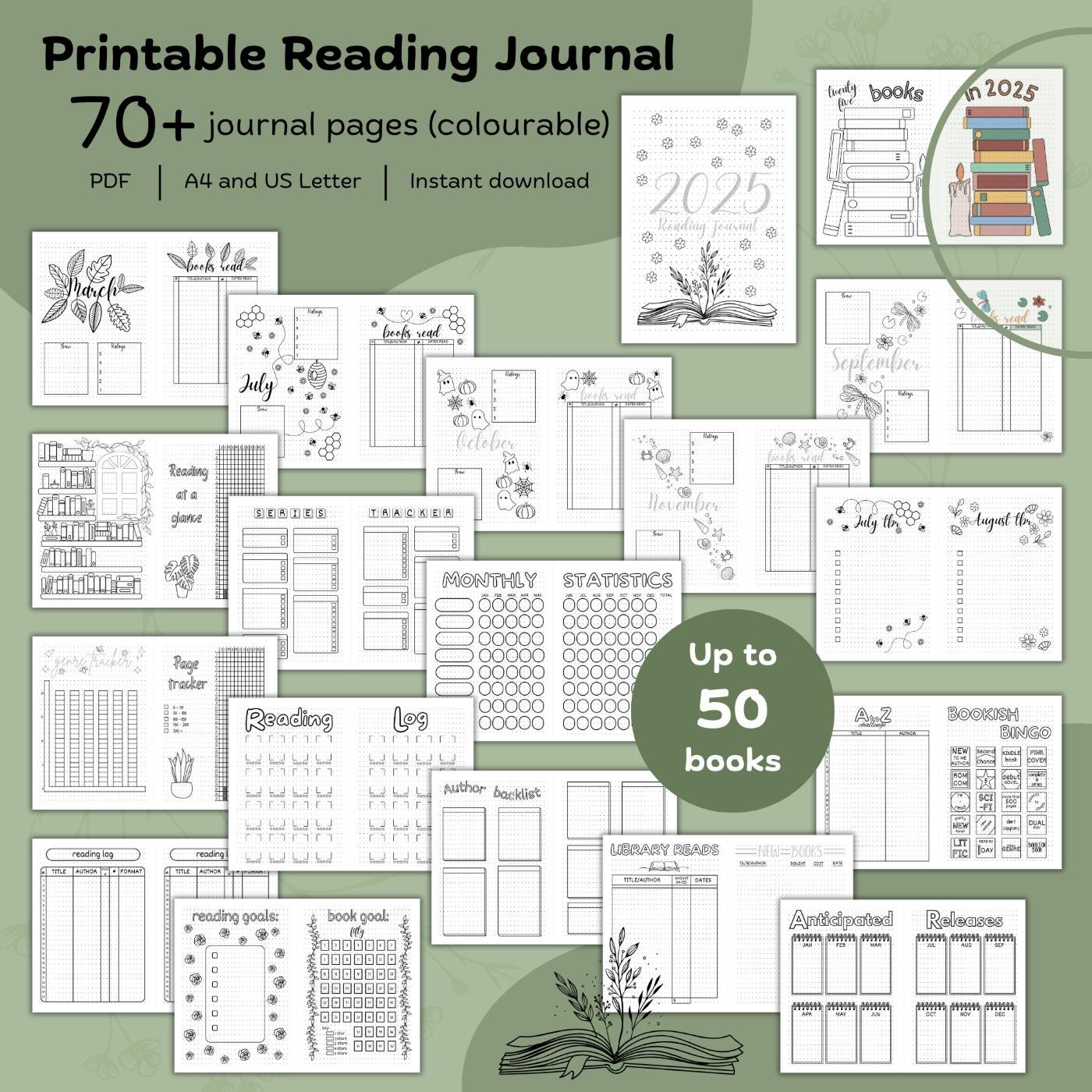 50 Book Printable Reading Journal, Colouring/coloring Reading Journal ...