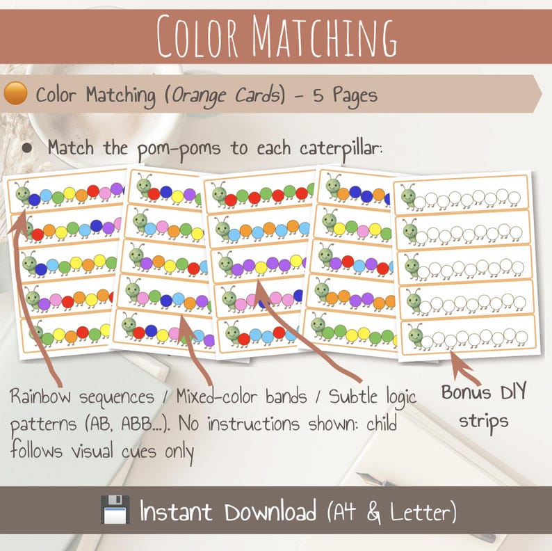 Pom-pom Caterpillar Learning Pack | Color Matching, Counting & Patterns ...