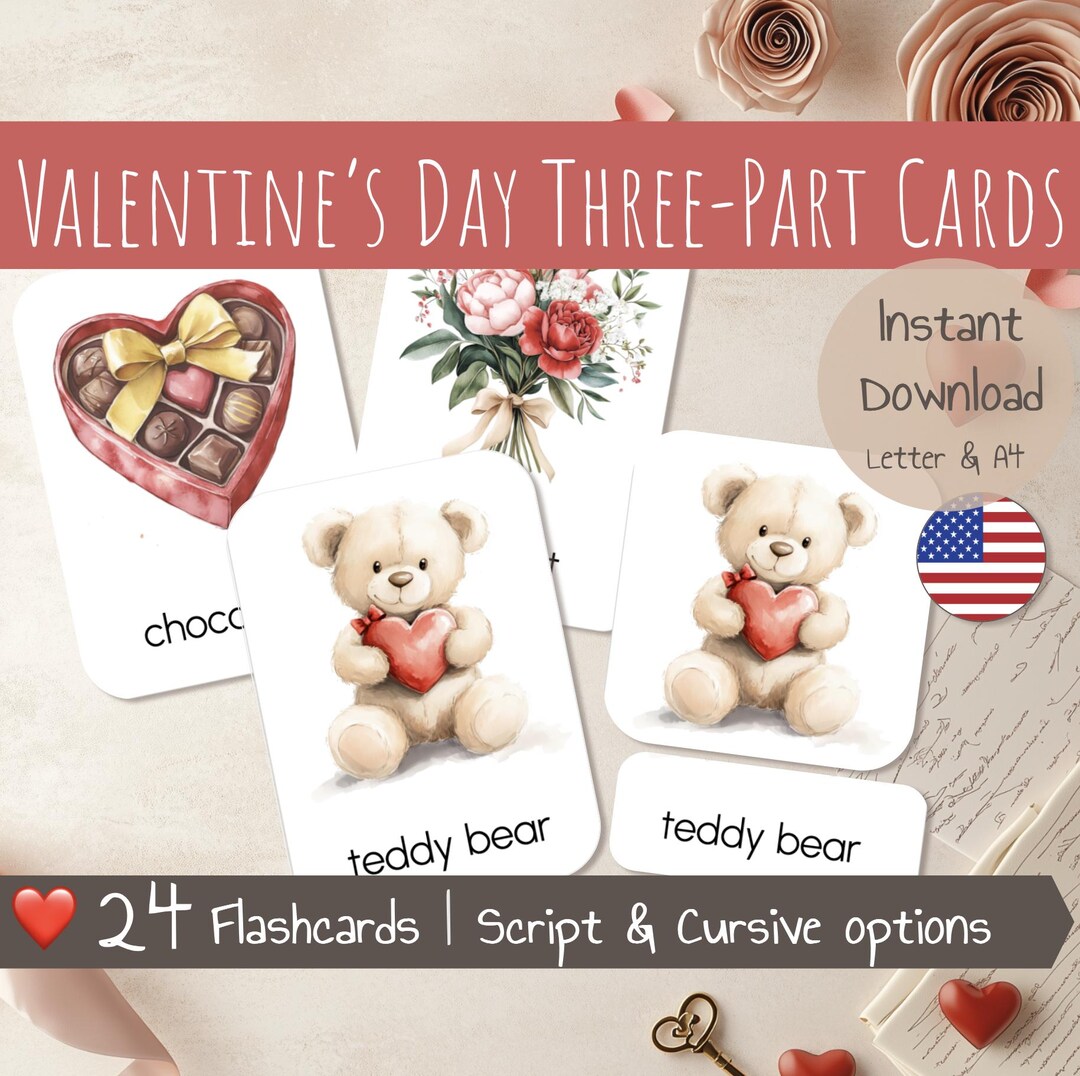 24 Valentine's Day Three-part Cards – Nomenclature Cards – Montessori ...