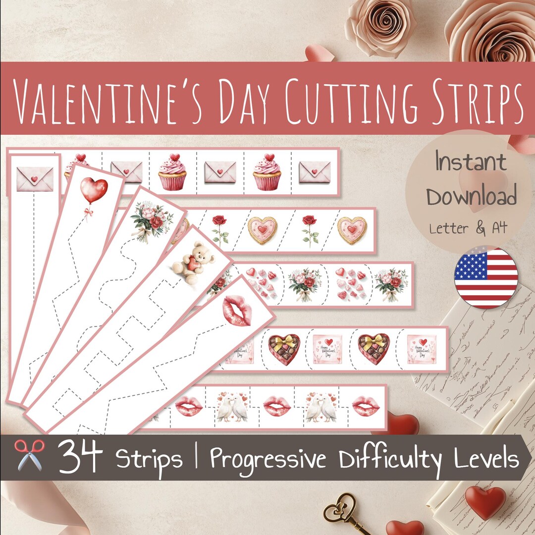Valentine's Day Cutting Strips – Scissor Skills – Cutting Practice for ...